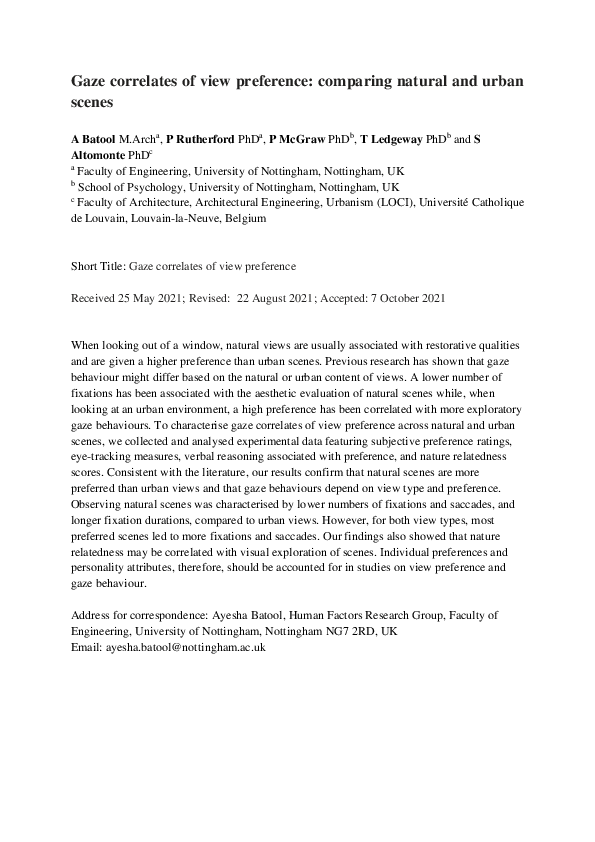 (PDF) Gaze correlates of view preference: Comparing natural and urban ...