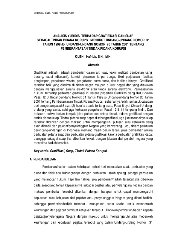 (PDF) Analisis Yuridis terhadap Gratifikasi dan Suap Sebagai Tindak Pidana Korupsi Menurut ...