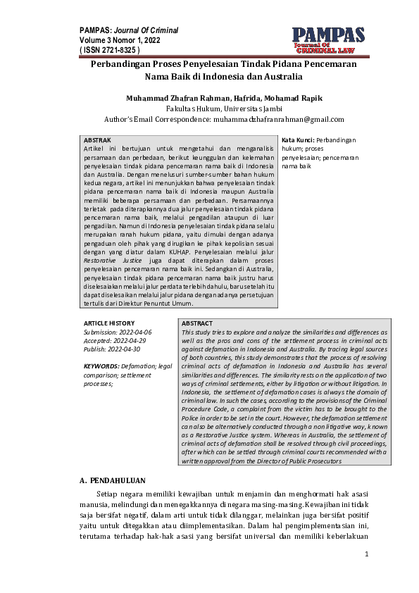 (PDF) Perbandingan Proses Penyelesaian Tindak Pidana Pencemaran Nama Baik di Indonesia dan Australia
