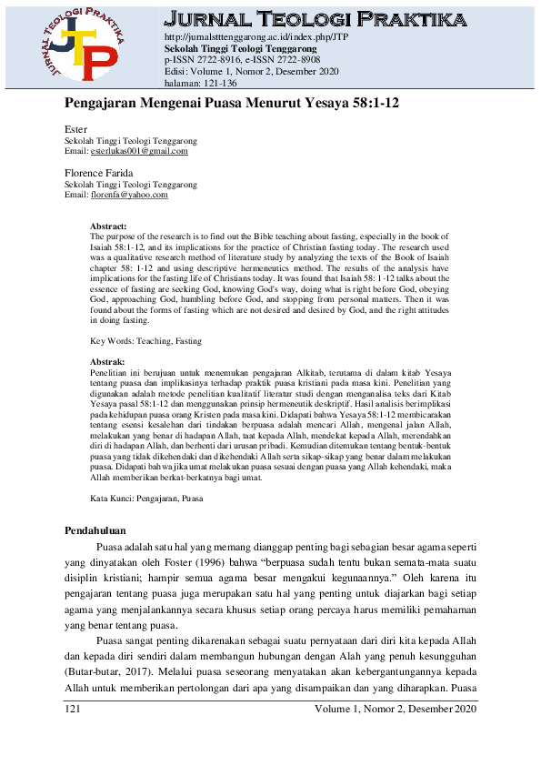 (PDF) Pengajaran Mengenai Puasa Menurut Yesaya 58:1-12 | Ester melani ...