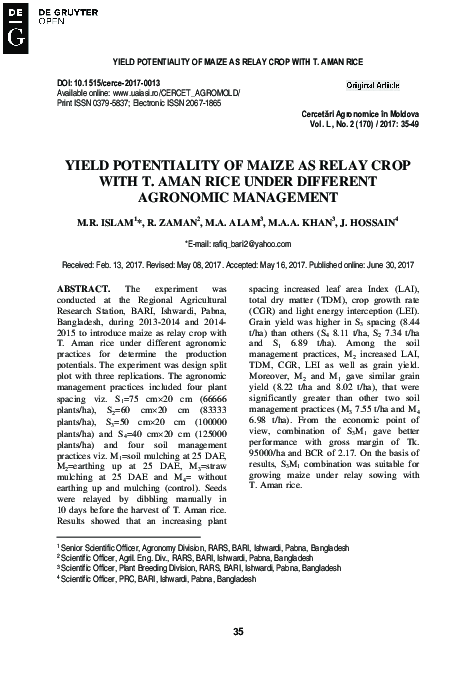 (PDF) Yield Potentiality of Maize as Relay Crop with T. Aman Rice under ...