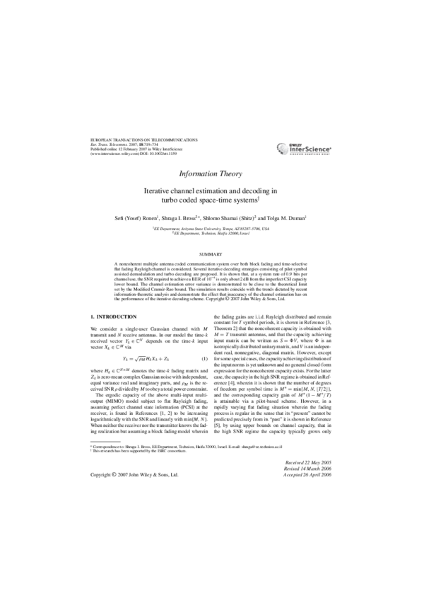 (PDF) Iterative channel estimation and decoding in turbo coded space‐time systems