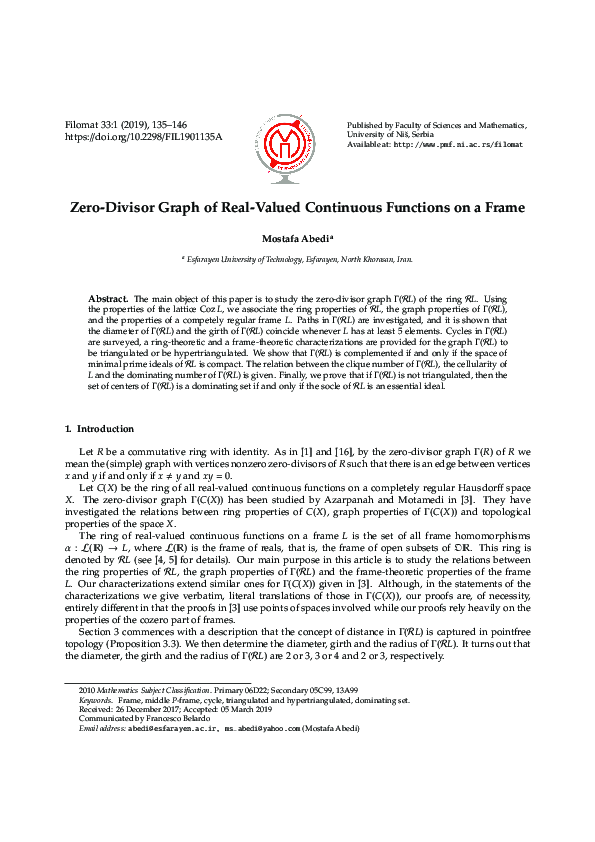 (PDF) Zero-divisor graph of real-valued continuous functions on a frame