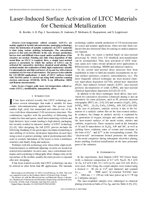 (PDF) Laser-induced surface activation of LTCC materials for chemical metallization