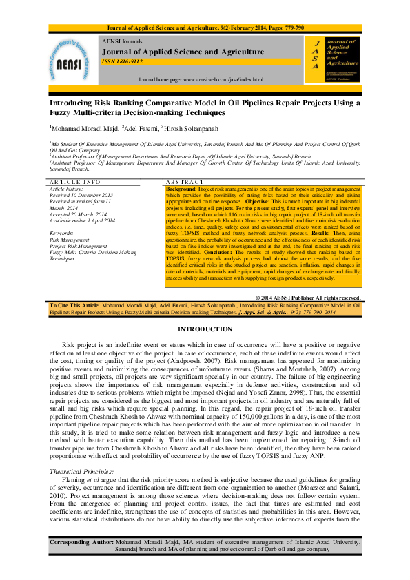 (PDF) Introducing Risk Ranking Comparative Model in Oil Pipelines Repair Projects Using a Fuzzy ...