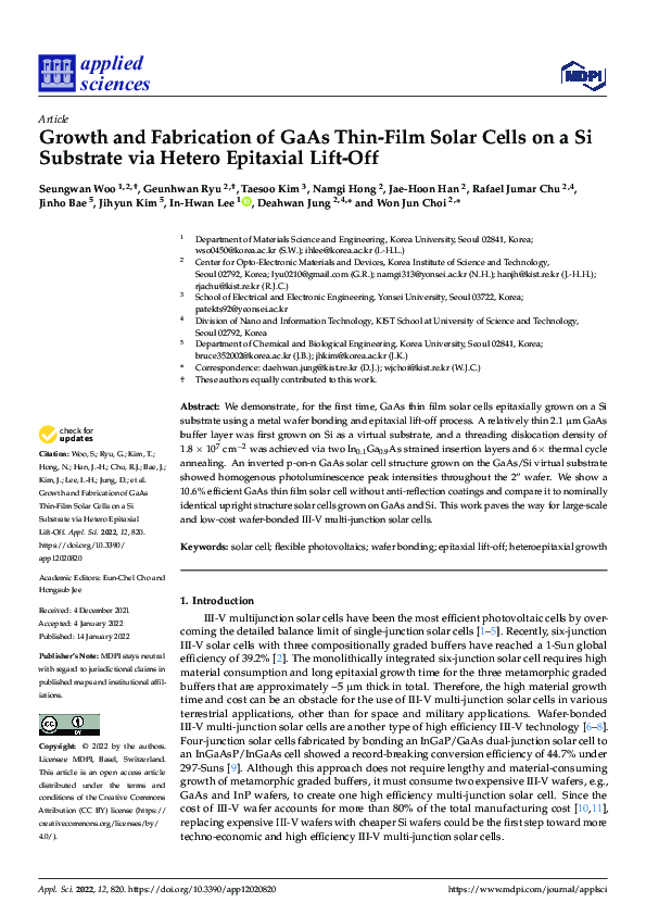 (PDF) Growth and Fabrication of GaAs Thin-Film Solar Cells on a Si ...