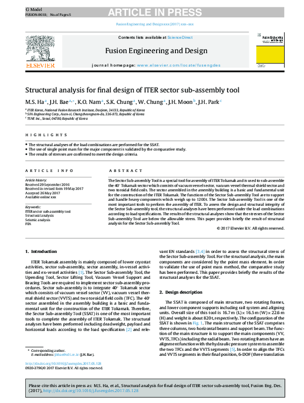 (PDF) Structural analysis for final design of ITER sector sub-assembly tool