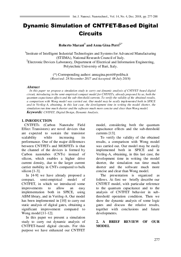 (PDF) Dynamic Simulation of CNTFET-based Digital Circuits
