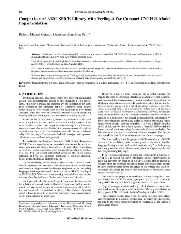 (PDF) Comparison of ABM SPICE Library with Verilog-A for Compact CNTFET Model Implementation
