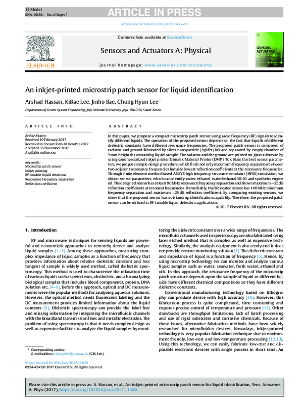 (PDF) An inkjet-printed microstrip patch sensor for liquid identification