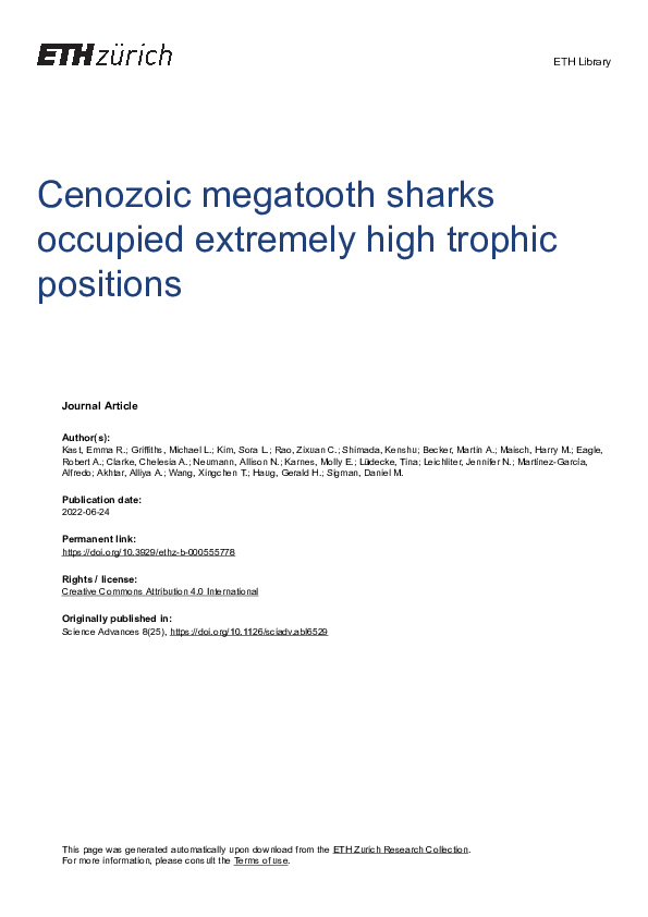 (PDF) Cenozoic megatooth sharks occupied extremely high trophic positions