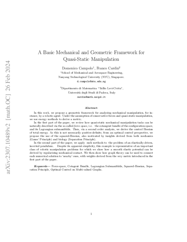 (PDF) Geometric Framework for Quasi-Static Robotic Manipulation