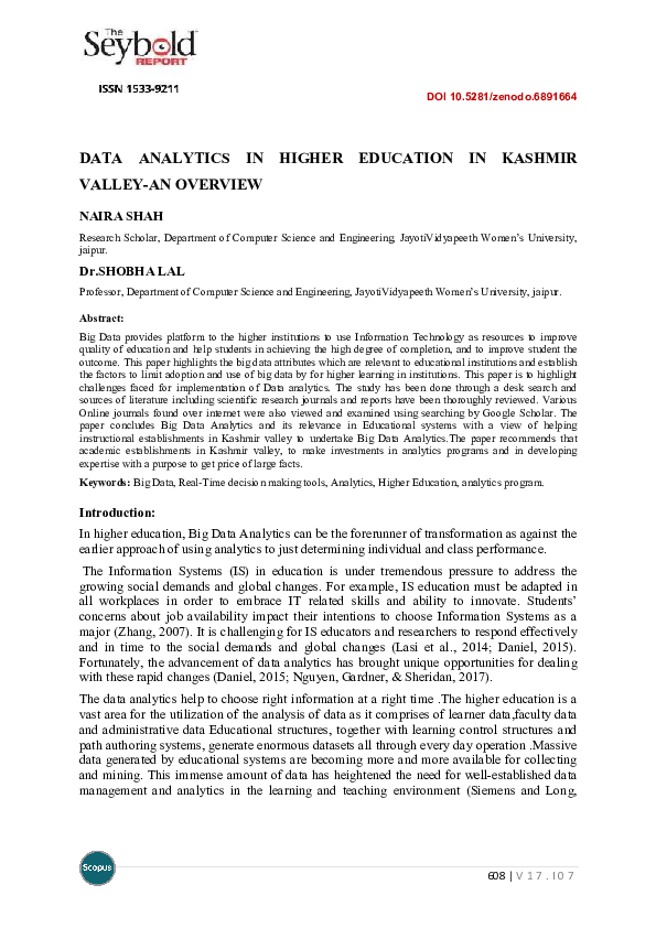 (PDF) Data Analytics in Higher Education in Kashmir Valley-An Overview