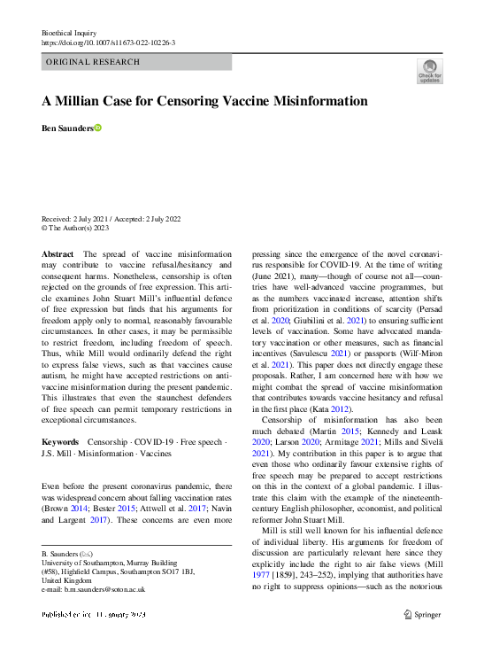 (PDF) A Millian Case for Censoring Vaccine Misinformation | Ben ...