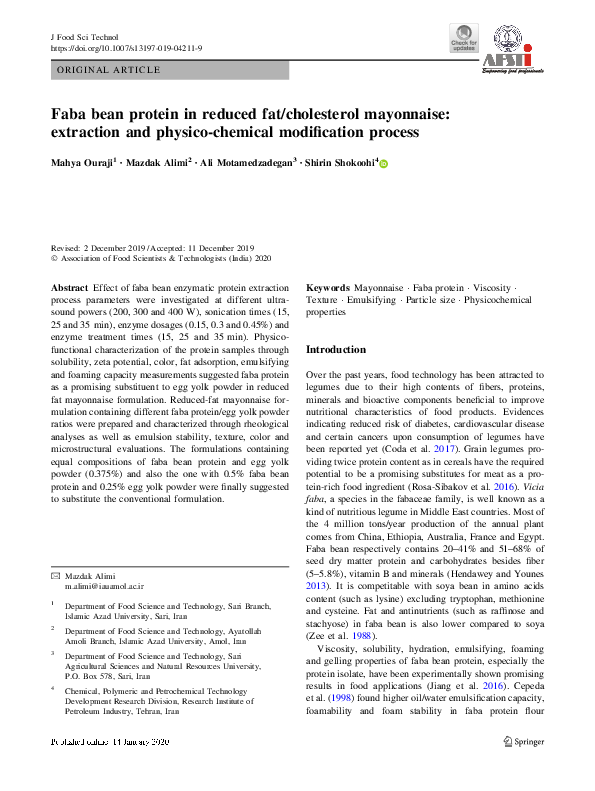 (PDF) Faba bean protein in reduced fat/cholesterol mayonnaise: extraction and physico-chemical ...