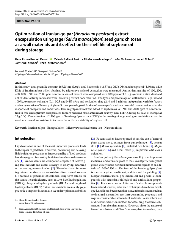 (PDF) Optimization of Iranian golpar (Heracleum persicum) extract ...