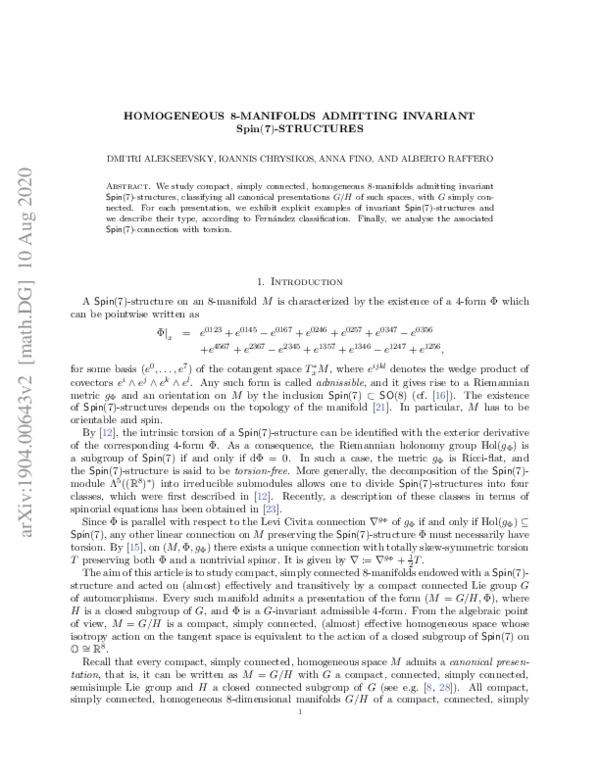 (PDF) Homogeneous 8-manifolds admitting invariant Spin(7)-structures