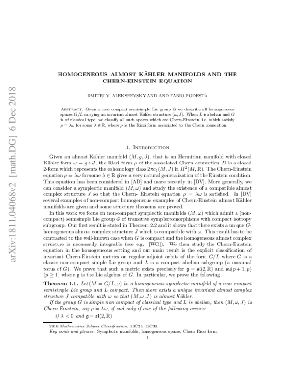(PDF) Chern-Einstein Structures on Homogeneous Manifolds