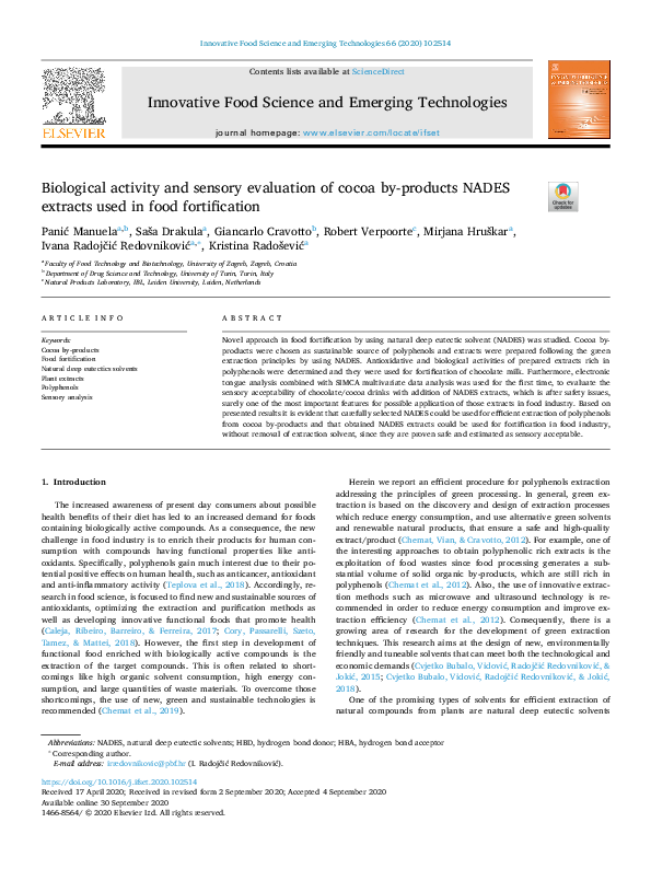 Pdf Biological Activity And Sensory Evaluation Of Cocoa By Products Nades Extracts Used In