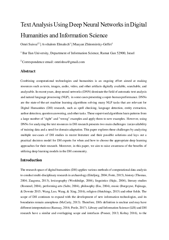 (PDF) Text Analysis Using Deep Neural Networks in Digital Humanities and Information Science