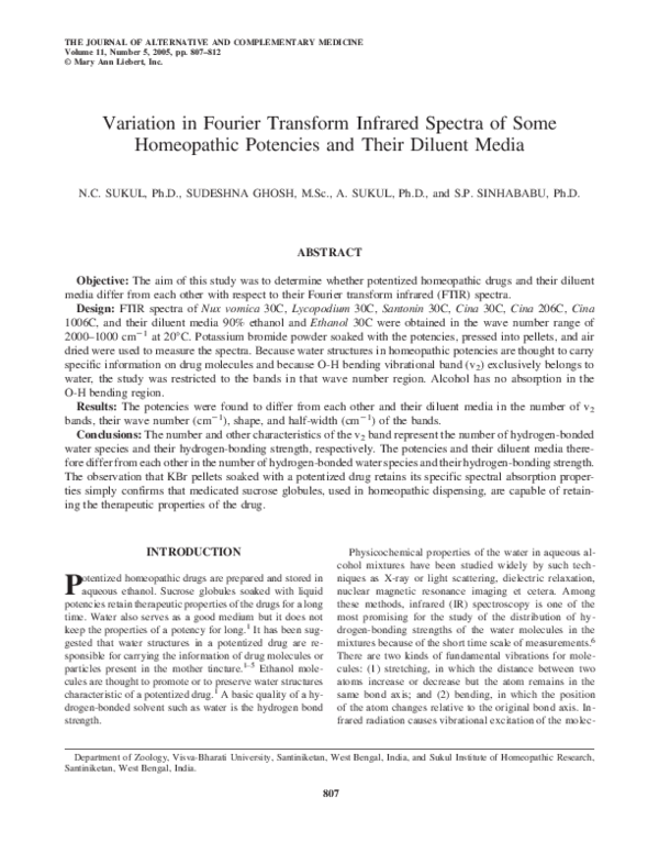 Pdf Ftir Spectra Of Homeopathic Potencies And Diluents