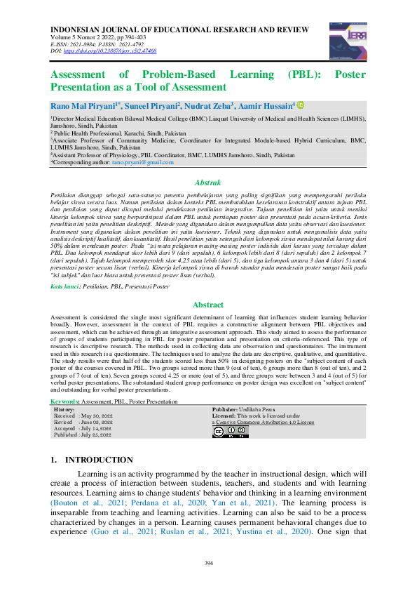 (PDF) Assessment of Problem-Based Learning (PBL): Poster Presentation as a Tool of Assessment