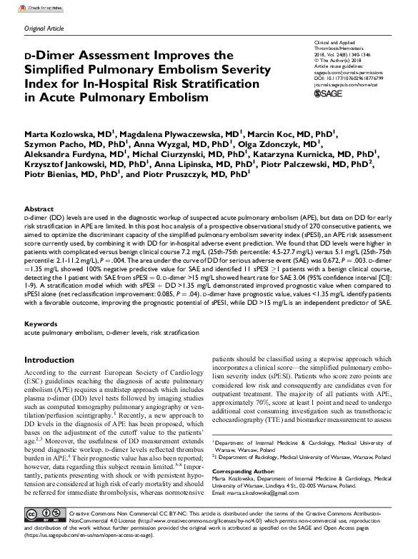 (PDF) d-Dimer Assessment Improves the Simplified Pulmonary Embolism ...