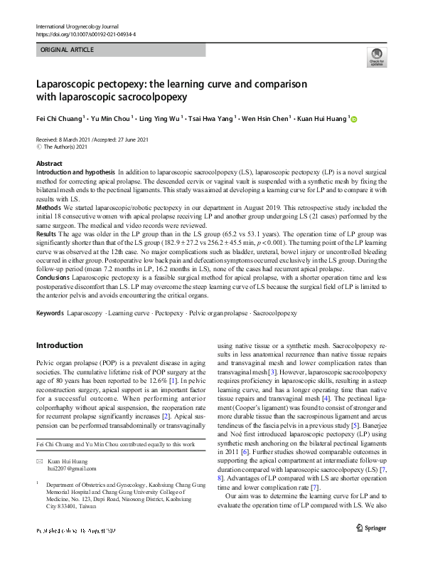 (PDF) Laparoscopic pectopexy: the learning curve and comparison with laparoscopic sacrocolpopexy ...