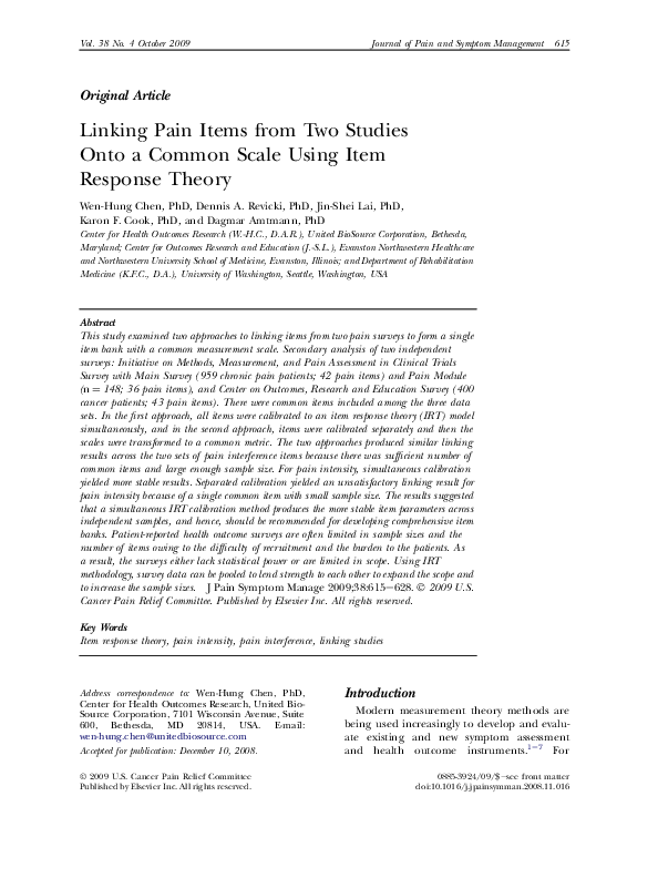 (PDF) Linking Pain Items from Two Studies Onto a Common Scale Using ...
