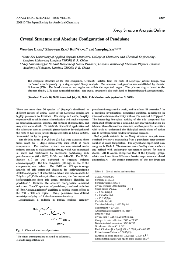 Pdf Crystal Structure And Absolute Configuration Of Pendulone Wh