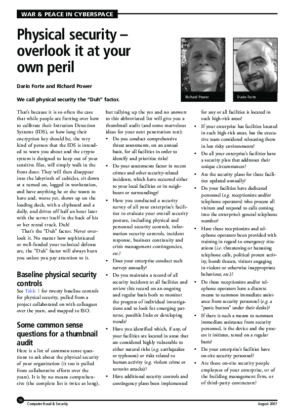 (PDF) Physical security – overlook it at your own peril