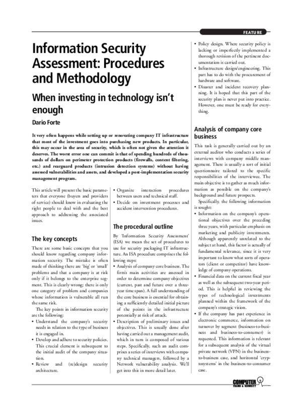 (PDF) Information Security Assessment: Procedures and Methodology