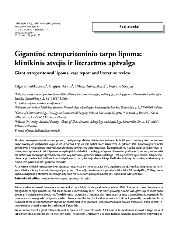 (PDF) Gigantinė retroperitoninio tarpo lipoma: klinikinis atvejis ir ...
