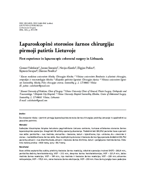 (PDF) Laparoskopinė storosios žarnos chirurgija: pirmoji patirtis Lietuvoje
