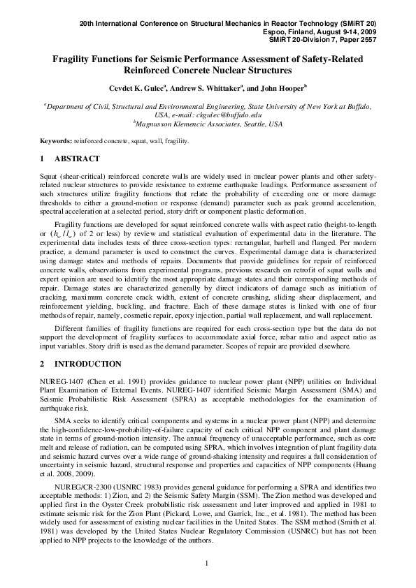 (PDF) Fragility Functions for Seismic Performance Assessment of Safety-Related Reinforced ...