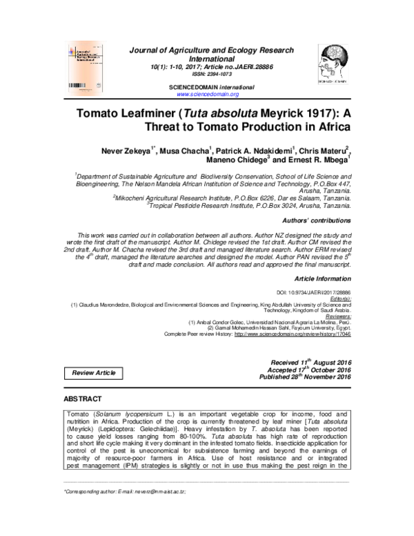 (PDF) Tomato Leafminer (Tuta absoluta Meyrick 1917): A Threat to Tomato Production in Africa