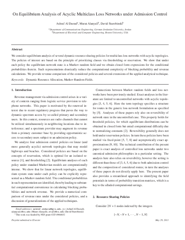 (PDF) On equilibrium analysis of acyclic multiclass loss networks under admission control