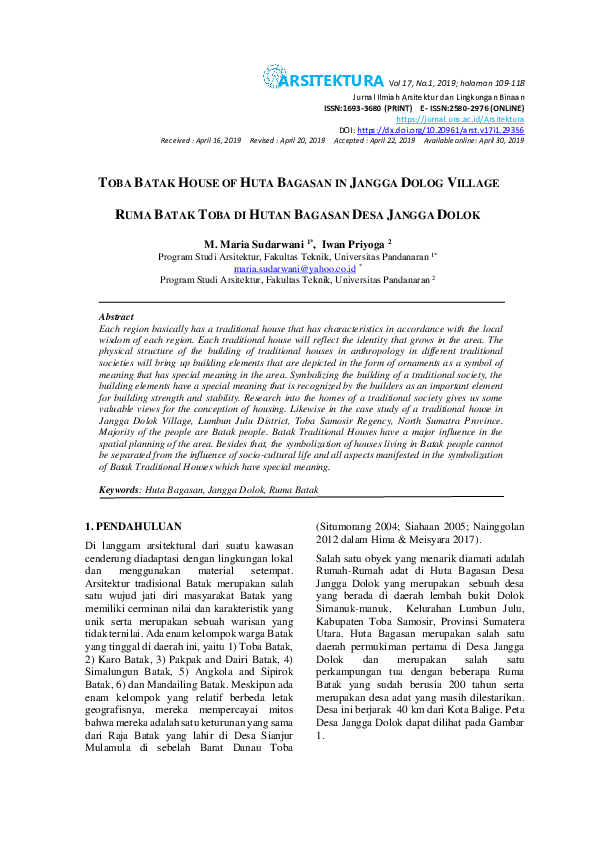 (PDF) Toba Batak House of Huta Bagasan in Jangga Dolog Village