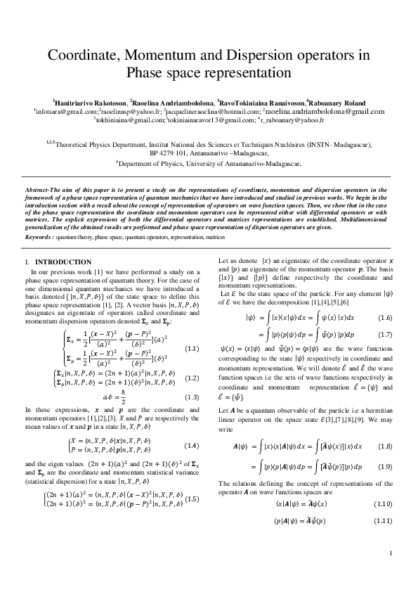 (PDF) Coordinate, Momentum and Dispersion operators in Phase space representation