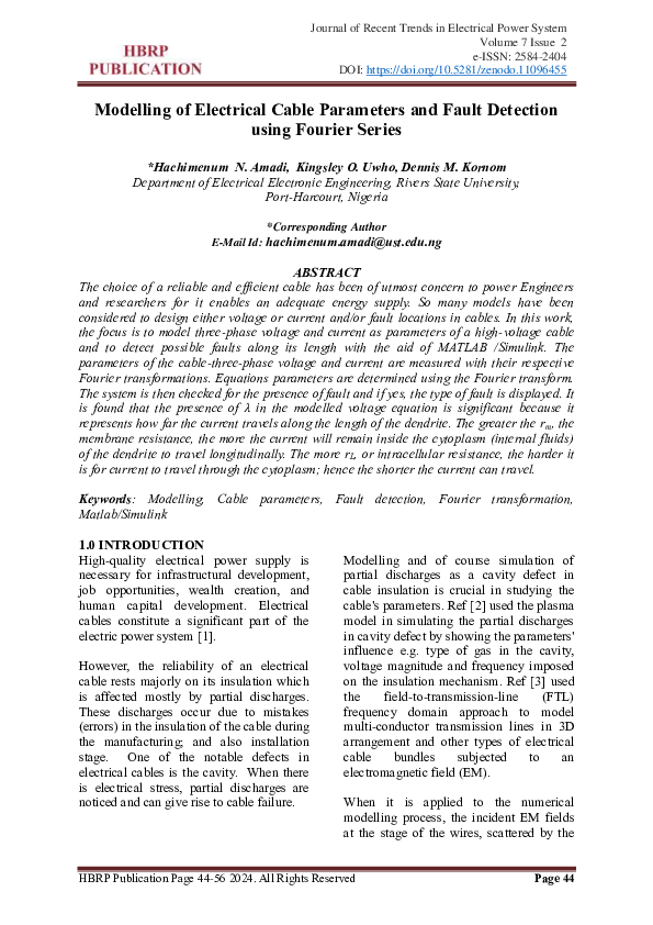 (PDF) Modelling of Electrical Cable Parameters and Fault Detection ...