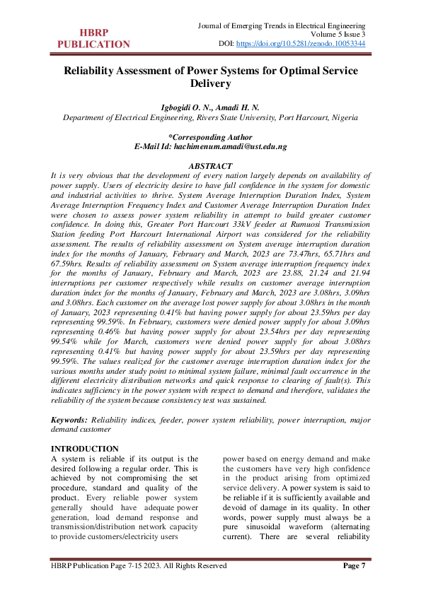 (PDF) Reliability Assessment of Power Systems for Optimal Service Delivery