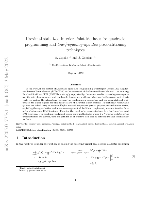 (PDF) Proximal stabilized Interior Point Methods for quadratic ...