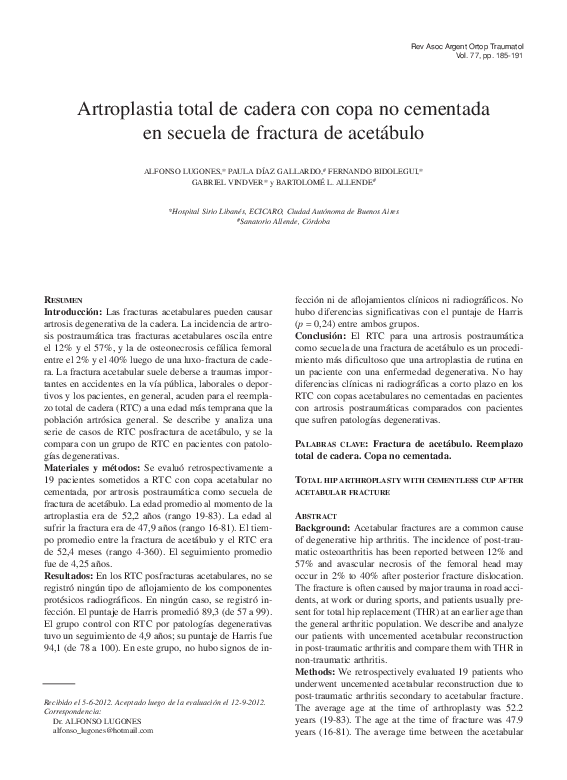 (PDF) Total hip arthroplasty with cementless cup after acetabular fracture