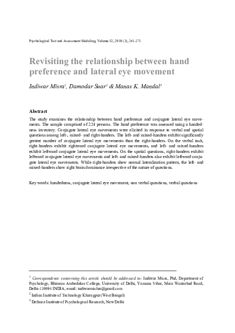 (PDF) Revisiting the relationship between hand preference and lateral eye movement