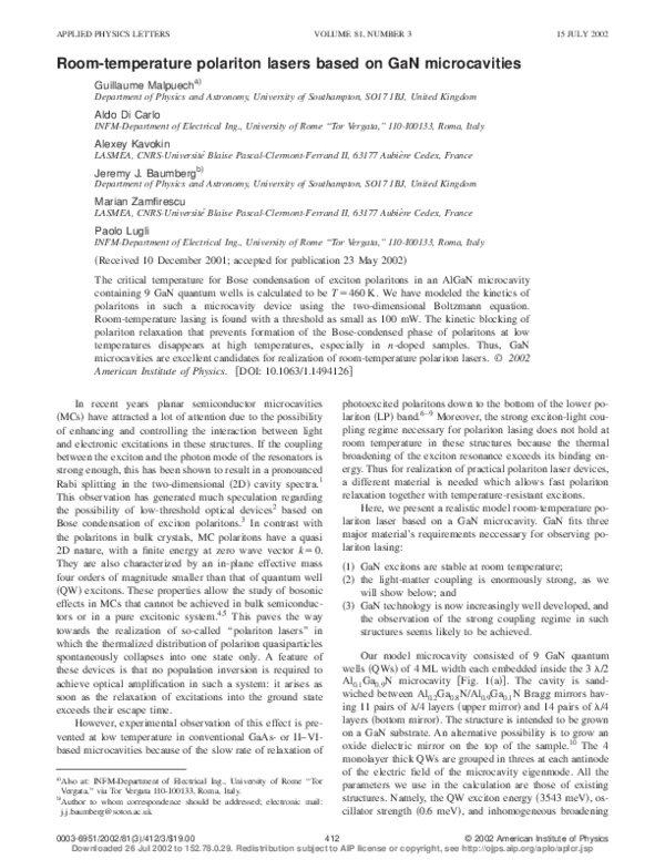 (PDF) Room-temperature polariton lasers based on GaN microcavities
