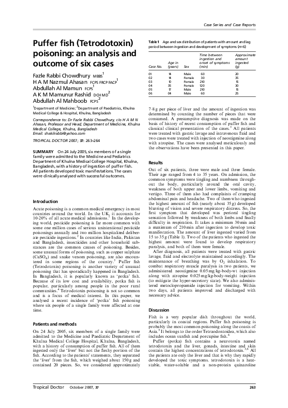 (PDF) Puffer fish (Tetrodotoxin) poisoning: an analysis and outcome of ...