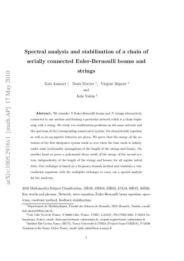 (PDF) Spectral analysis and stabilization of a chain of serially connected Euler-Bernoulli beams ...