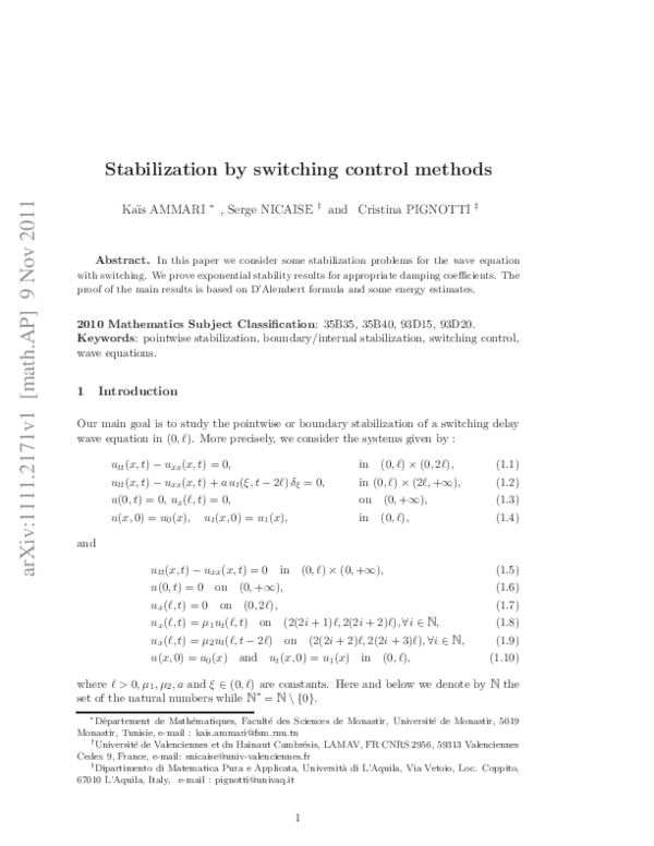 (PDF) Stabilization by switching control methods