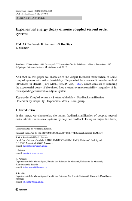 (PDF) Exponential energy decay of some coupled second order systems