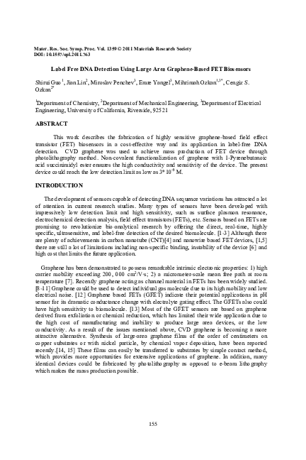 (PDF) Label Free DNA Detection Using Large Area Graphene-Based FET Biosensors